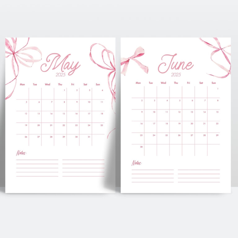 2025 Coquette Pink Bow Printable Calendar – DIYHomeprintables