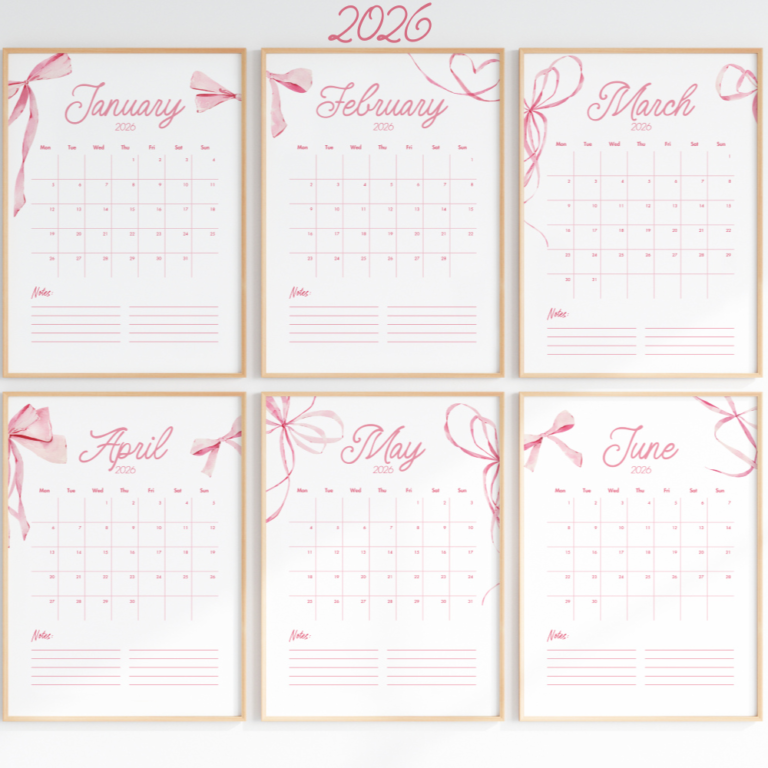 Free Coquette Calendars 2026 Printable (PDF Download) - DIYHomeprintables